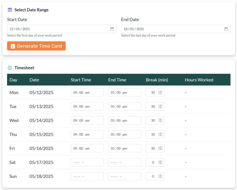 Time Card Calculator – Timesheet & Work Hours Calculator